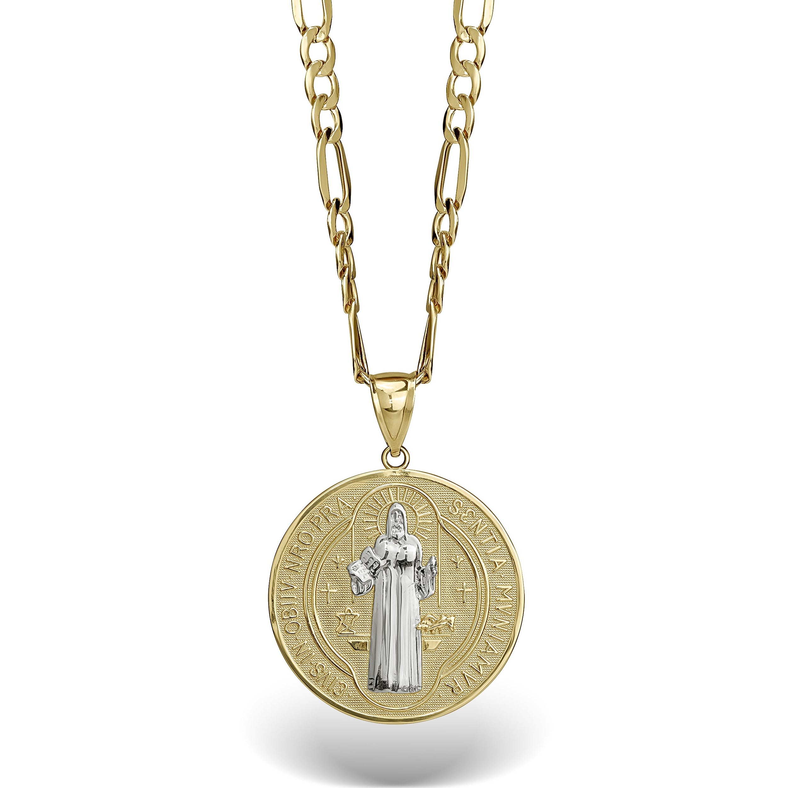 10k & 14k Gold Classic Saint Benedict Flat Round Pendant (Two-Tone ...